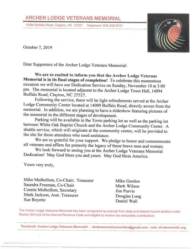 Town of Archer Lodge, North Carolina - - ALVM Memorial Dedication ...